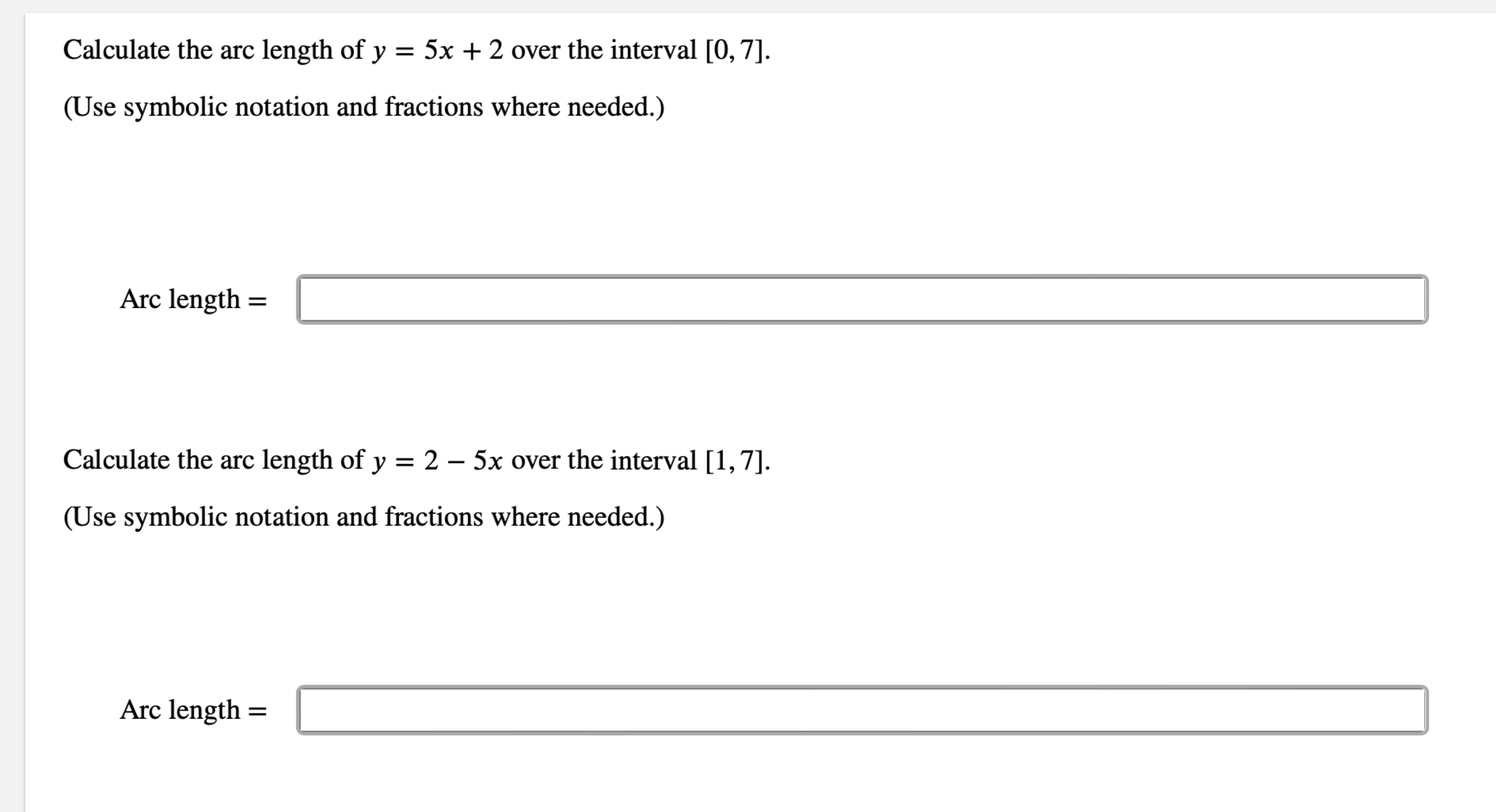 Solved Calculate the arc length of y=5x+2 ﻿over the interval | Chegg.com