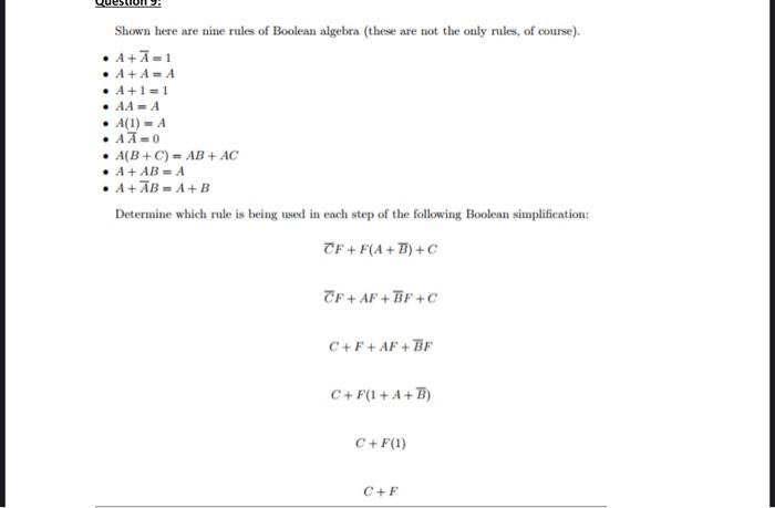 Solved Shown here are nine rules of Boolean algebra (these | Chegg.com