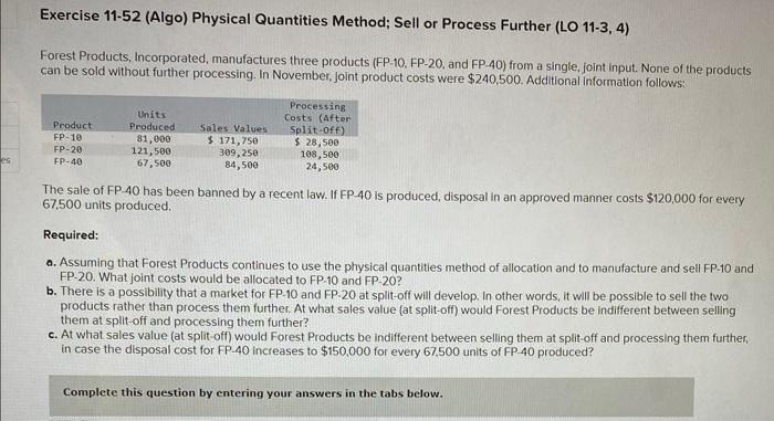Solved Exercise 11-52 (Algo) Physical Quantities Method; | Chegg.com