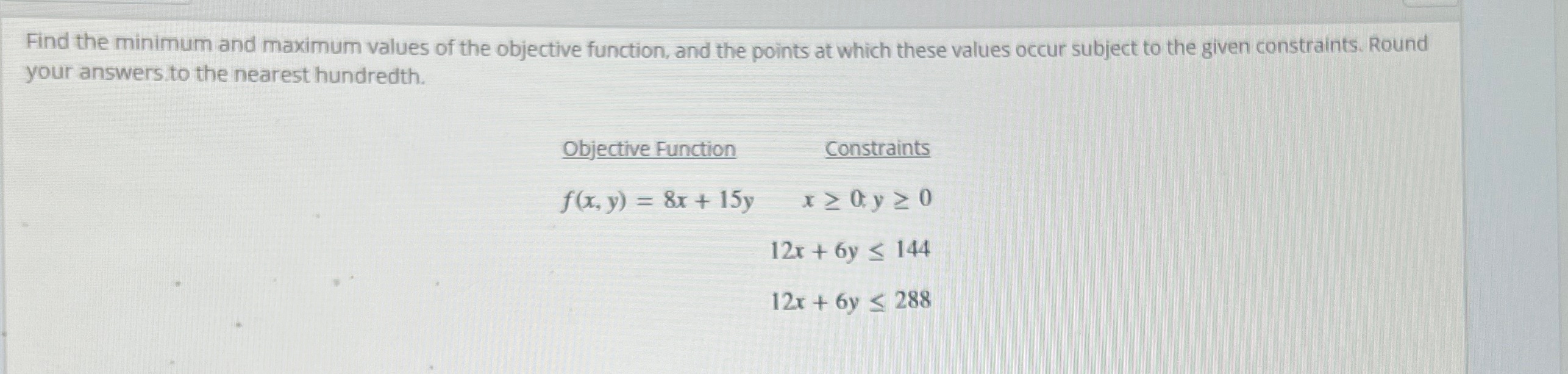 Solved Find the minimum and maximum values of the objective | Chegg.com