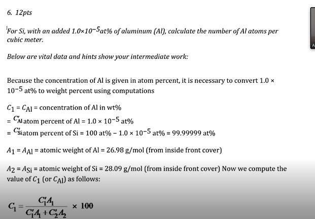 Solved 6. 12pts 'For Si, with an added 1.0x10-5at% of | Chegg.com