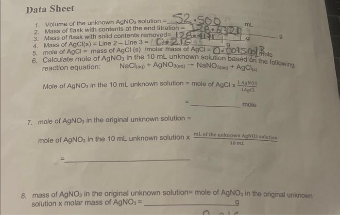 Solved 1. Volume of the unknown AgNO3 solution = 52.500 4. | Chegg.com