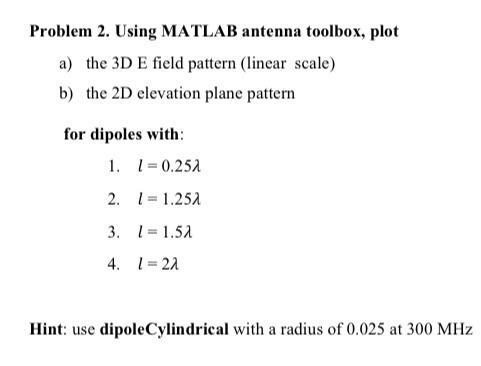 Solved Problem 2. Using MATLAB antenna toolbox, plot a) the | Chegg.com