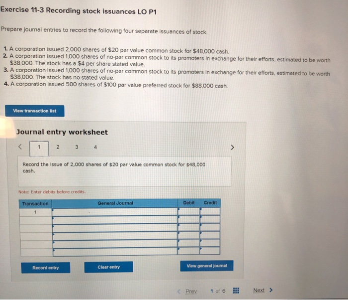 Solved Exercise 11-3 Recording stock issuances LO P1 Prepare | Chegg.com