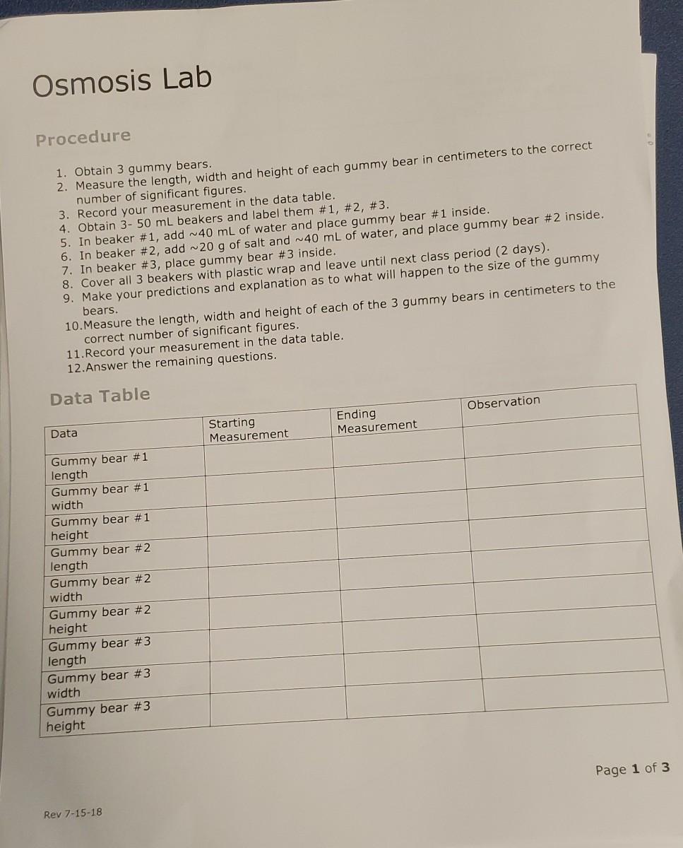 Osmosis Lab Procedure 1. Obtain 3 gummy bears. 2. | Chegg.com