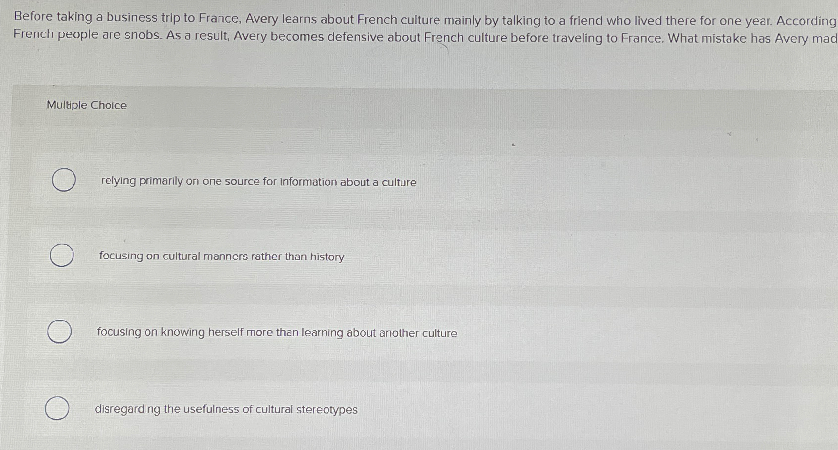 Solved Before taking a business trip to France, Avery learns | Chegg.com