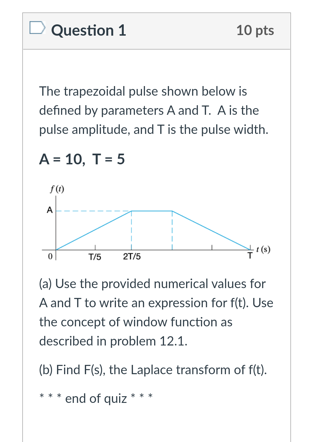 Solved Question 1 10 pts The trapezoidal pulse shown below | Chegg.com