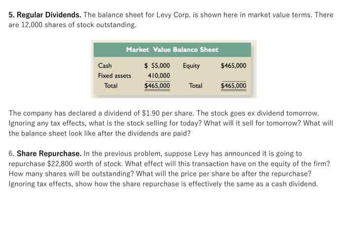 Solved 5. Regular Dividends. The balance sheet for Levy | Chegg.com