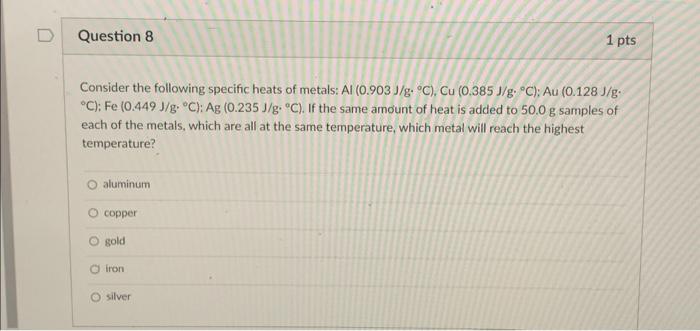 Solved Consider the following specific heats of metals: | Chegg.com