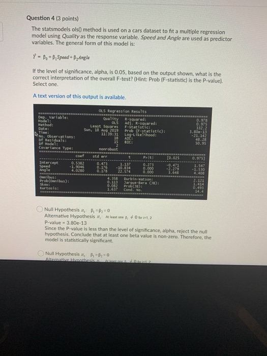 Solved Question 4 3 Points The Statsmodels Ols Method Is