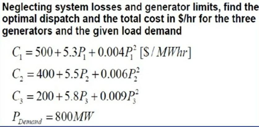 Solved Neglecting system losses and generator limits, find | Chegg.com