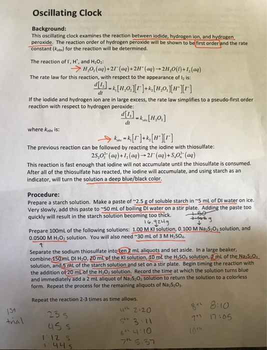 Iodine Oscillating Clock- How do I find the hydrogen | Chegg.com