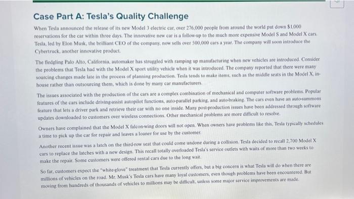 Solved Case Part A: Tesla's Quality Challenge When Tesla | Chegg.com