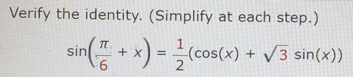 Solved Verify the identity. (Simplify at each step.) | Chegg.com