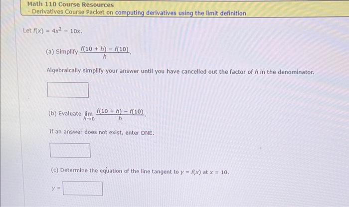 Solved Math 110 Course Resources - Derivatives Course Packet | Chegg.com