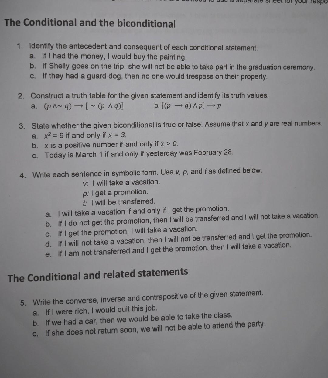 Solved respo The Conditional and the biconditional 1. | Chegg.com