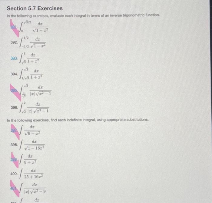 Solved 391. ∫03/21−x2dx 392. ∫−1/21/21−x2dx 393. ∫311+x2dx | Chegg.com