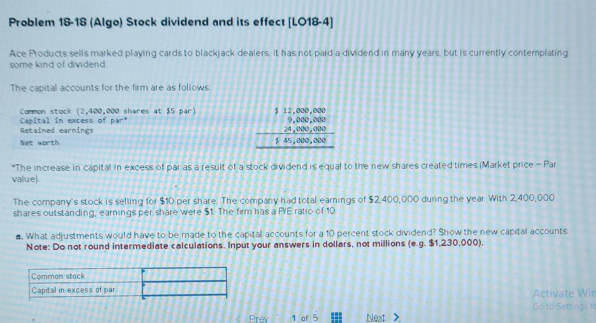 Solved Problem 18-18 (Algo) Stock dividend and its effect | Chegg.com