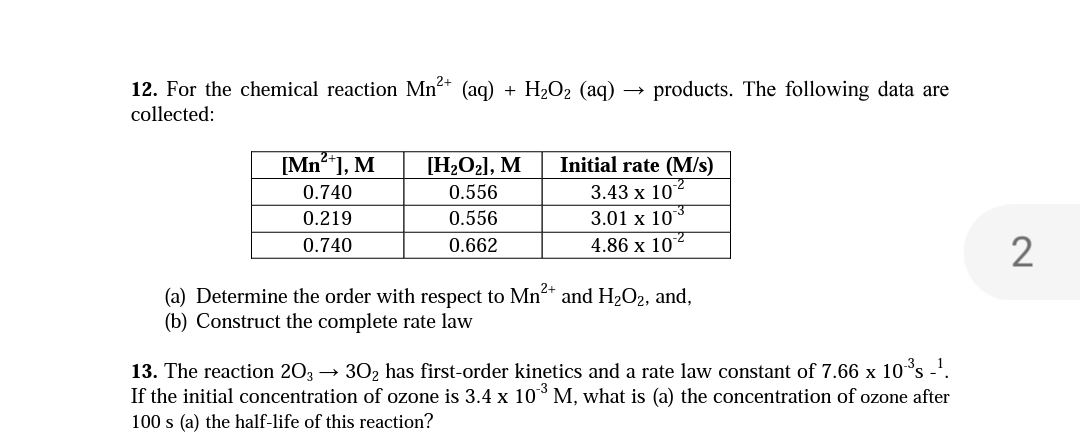 Solved 12. For the chemical reaction Mn2+(aq)+H2O2(aq)→ | Chegg.com