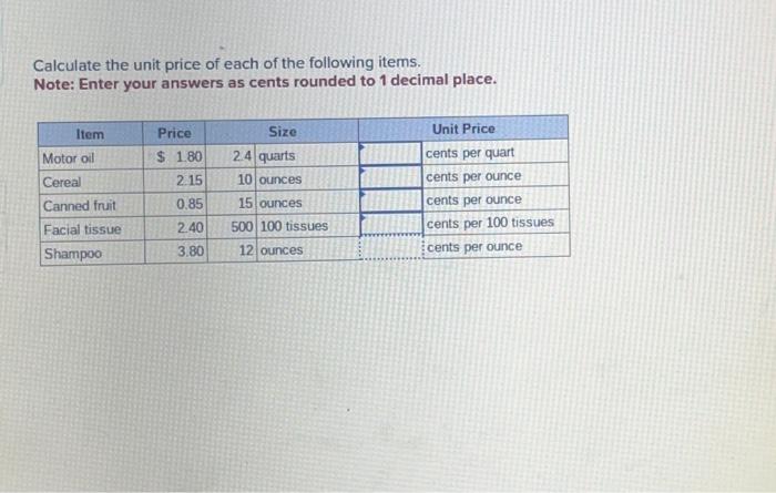 Solved Calculate the unit price of each of the following | Chegg.com