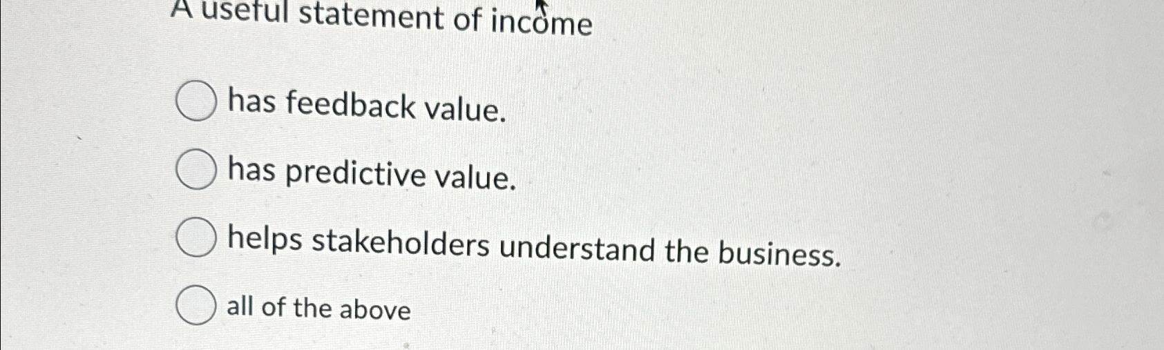 Solved A useful statement of incồmehas feedback value.has | Chegg.com