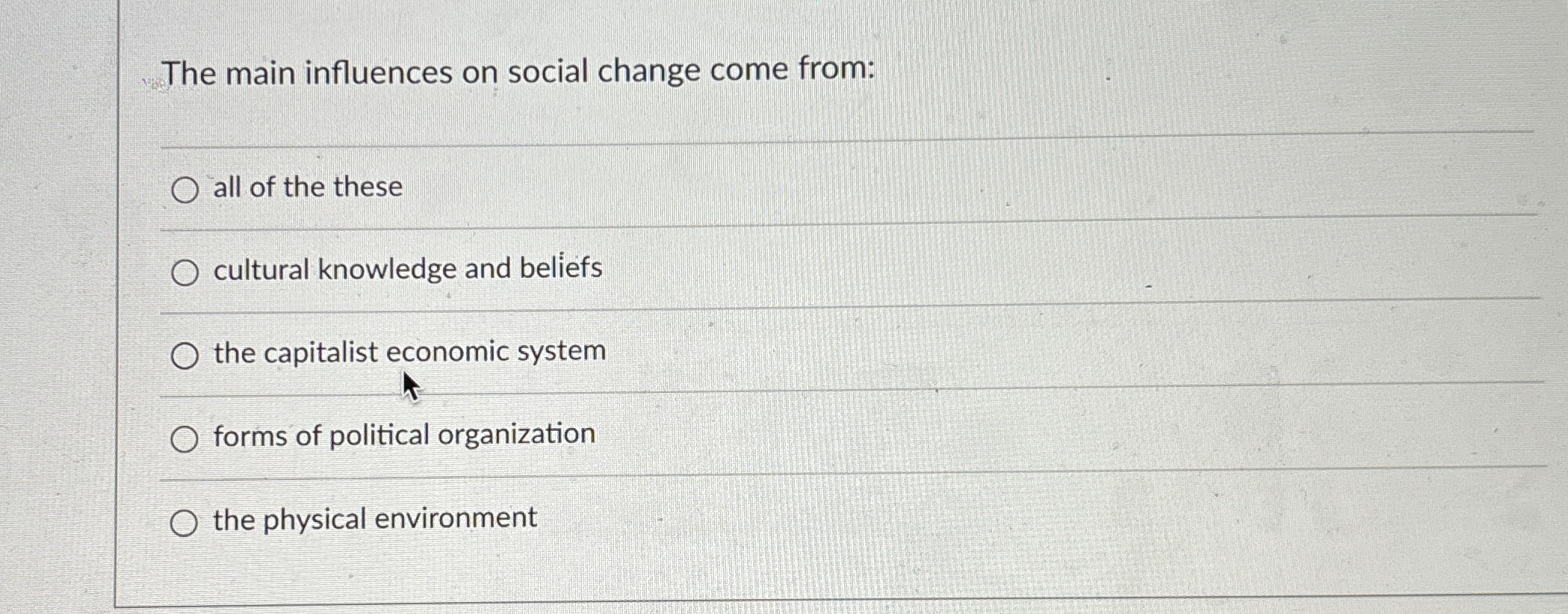 Solved The main influences on social change come from:all of | Chegg.com