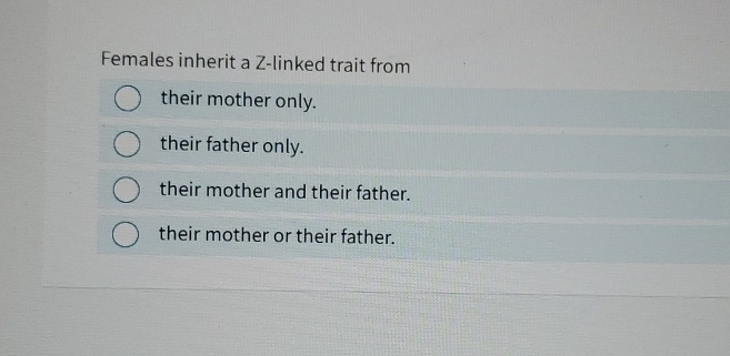 Solved Females inherit a Z-linked trait fromtheir mother | Chegg.com