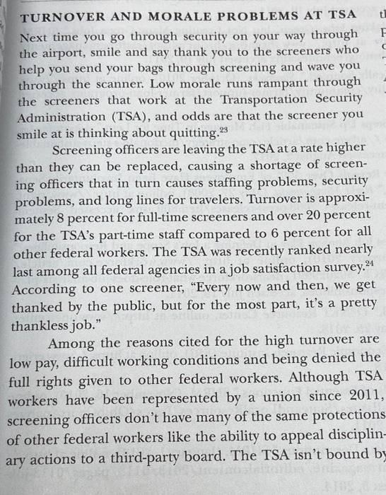 Solved TURNOVER AND MORALE PROBLEMS AT TSA Next time you go | Chegg.com