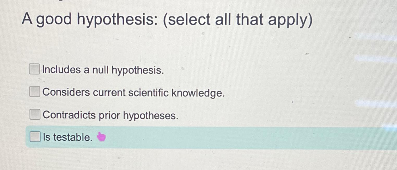 Solved A good hypothesis: (select all that apply)Includes a | Chegg.com