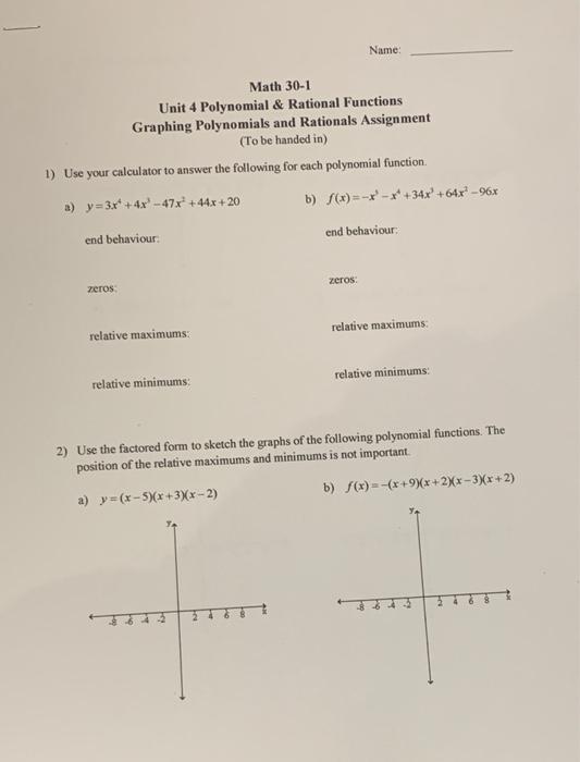 Solved Name Math 30-1 Unit 4 Polynomial & Rational Functions | Chegg.com