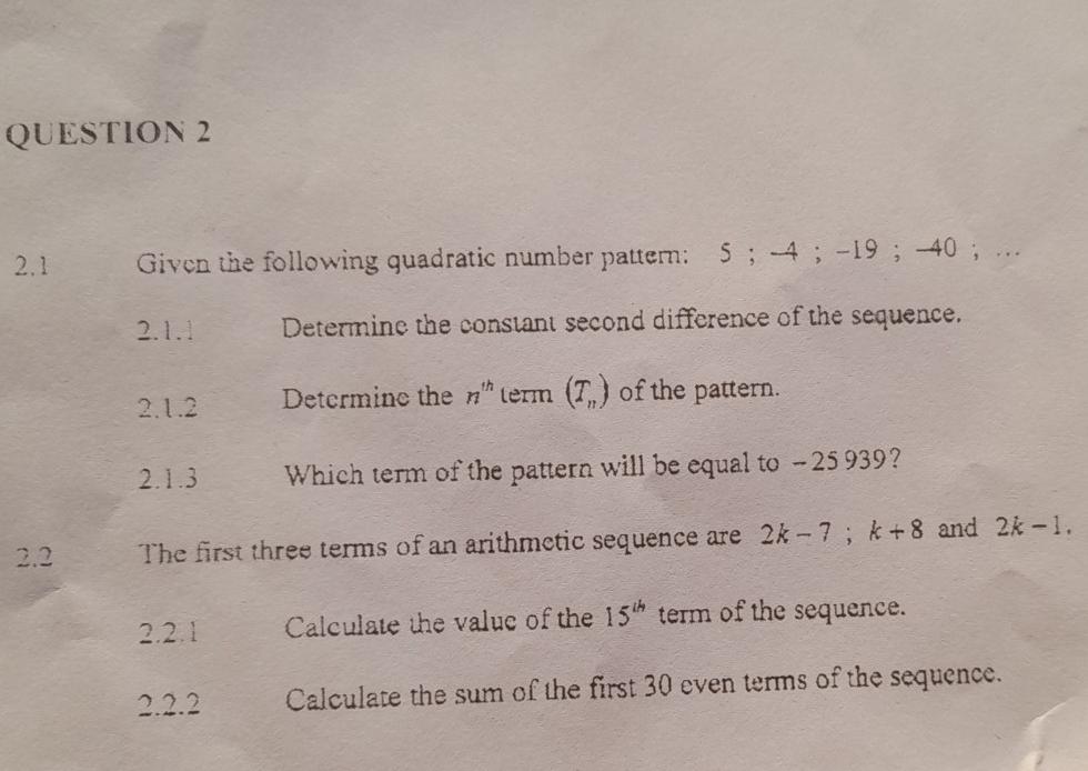 Solved QUESTION 2 2.1 Given the following quadratic number | Chegg.com