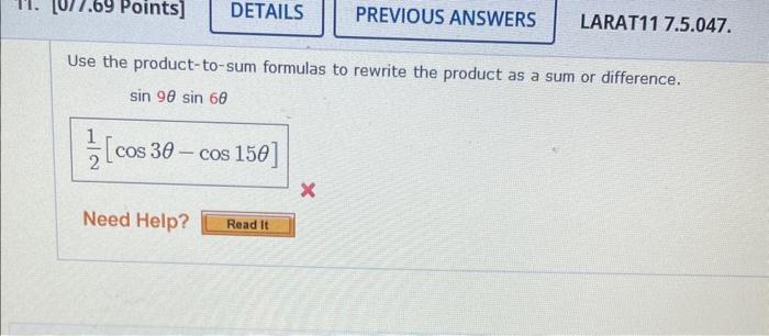 Solved use the product-to-sum formula to rewrite the product | Chegg.com