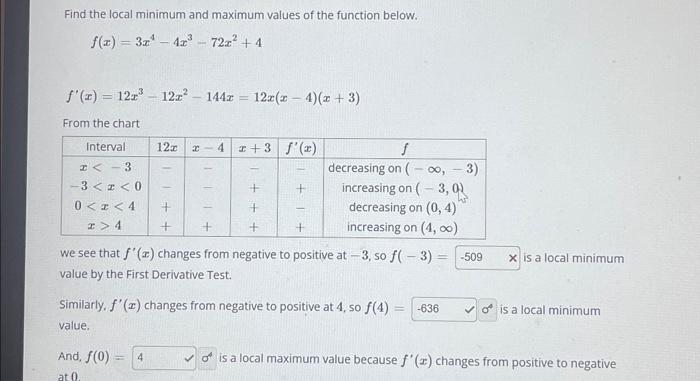 Solved Find the local minimum and maximum values of the | Chegg.com