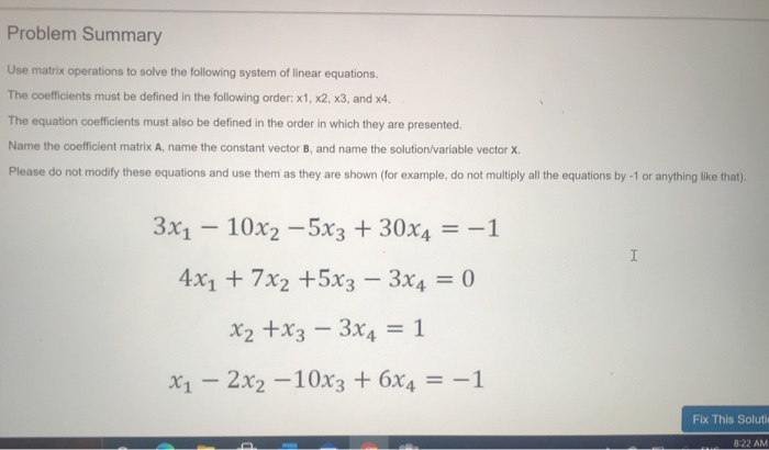 Solved Problem Summary Use matrix operations to solve the | Chegg.com