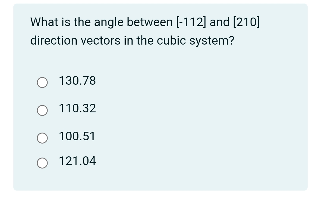 Solved What is the angle between [-112] ﻿and [210] | Chegg.com
