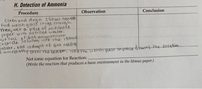Solved H. Detection of Ammonia Procedure Observation | Chegg.com