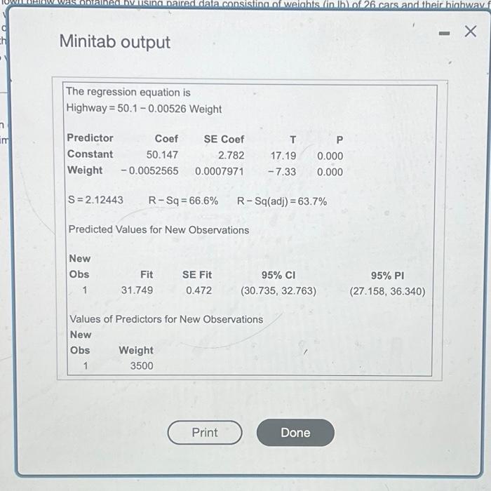 Solved The Minitab output shown below was obtained by juing | Chegg.com