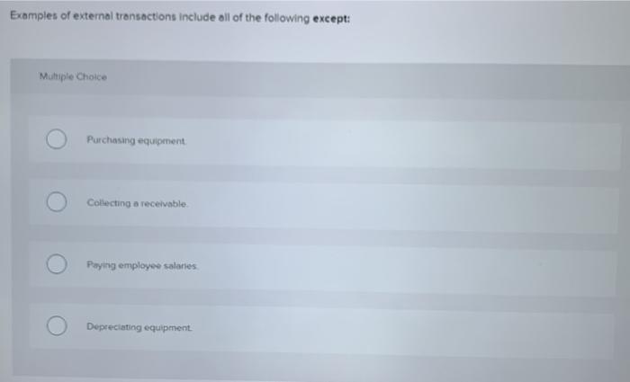 Solved Examples of external transactions include all of the | Chegg.com