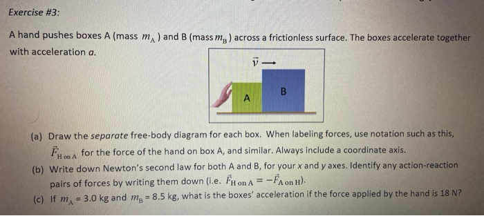 Solved Exercise #3: A hand pushes boxes A (mass m.) and B | Chegg.com