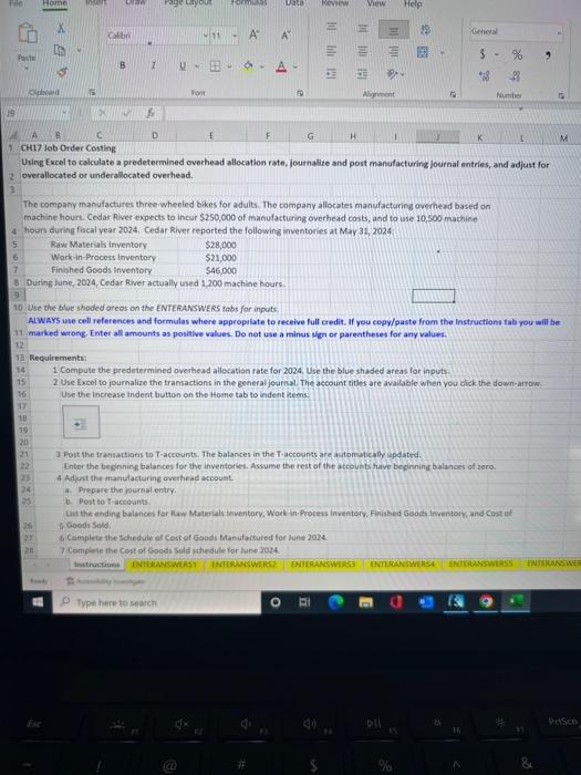 Solved Uuing Excel to calculate a predetermined overhead | Chegg.com