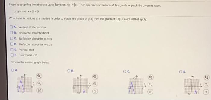 Solved Begin by graphing the absolute value function, f(x) = | Chegg.com
