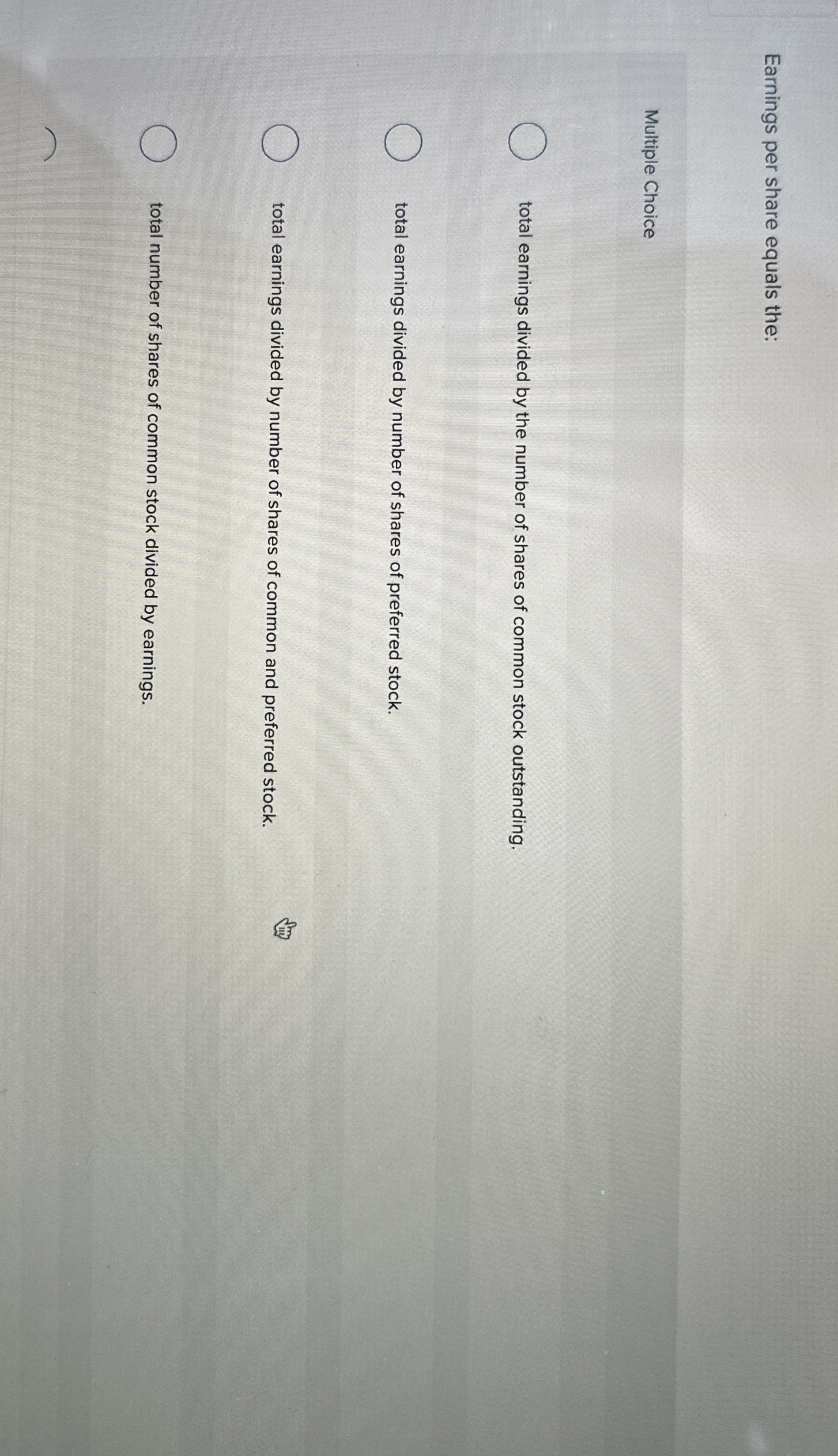 Solved Earnings per share equals the:Multiple Choicetotal | Chegg.com