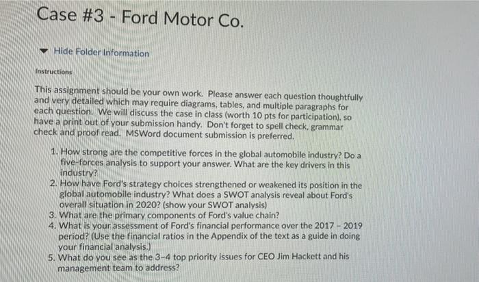 Solved Case #3 - Ford Motor Co. Hide Folder Information | Chegg.com