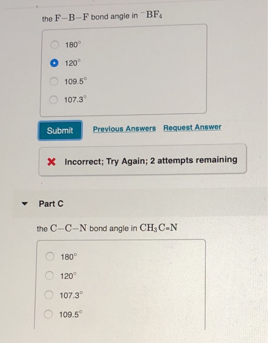 Solved the F-B-F bond angle in BF4 180° 120° 109.5° 107.3° | Chegg.com