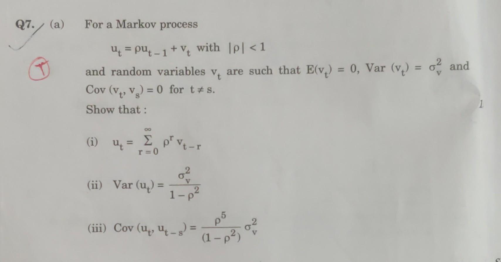 Solved For a Markov process ut=ρut−1+vt with ∣ρ∣