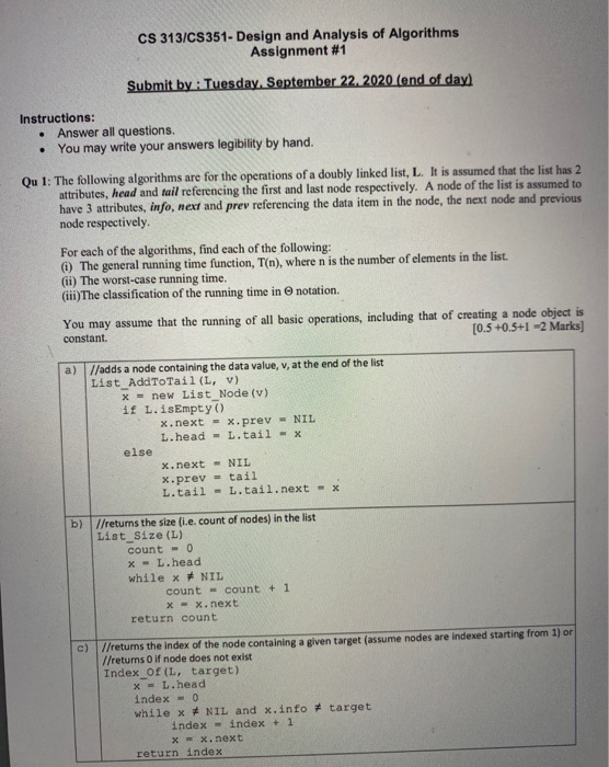 CS 313/CS351- Design and Analysis of Algorithms | Chegg.com