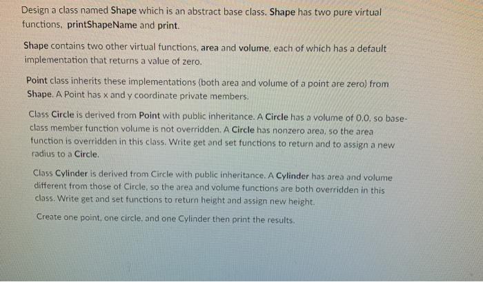 Solved Design a class named Shape which is an abstract base | Chegg.com