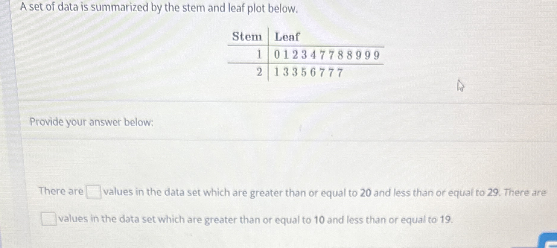 Solved A set of data is summarized by the stem and leaf plot | Chegg.com