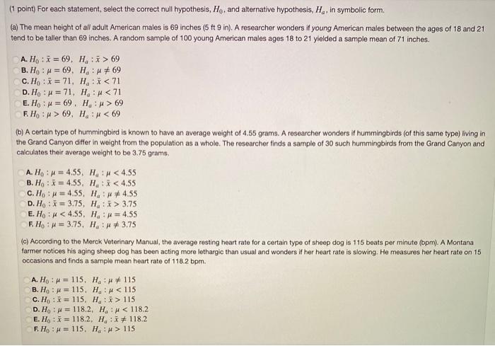 Solved (1 point) For each statement, select the correct null | Chegg.com