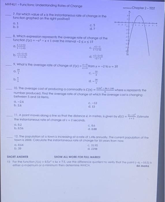 Solved Chapter 2 - TEST MHF4UI - Functions: Understanding | Chegg.com